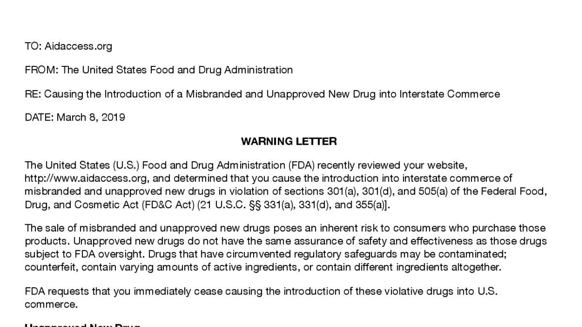 Warning letter FDA Aid Access | Aid Access